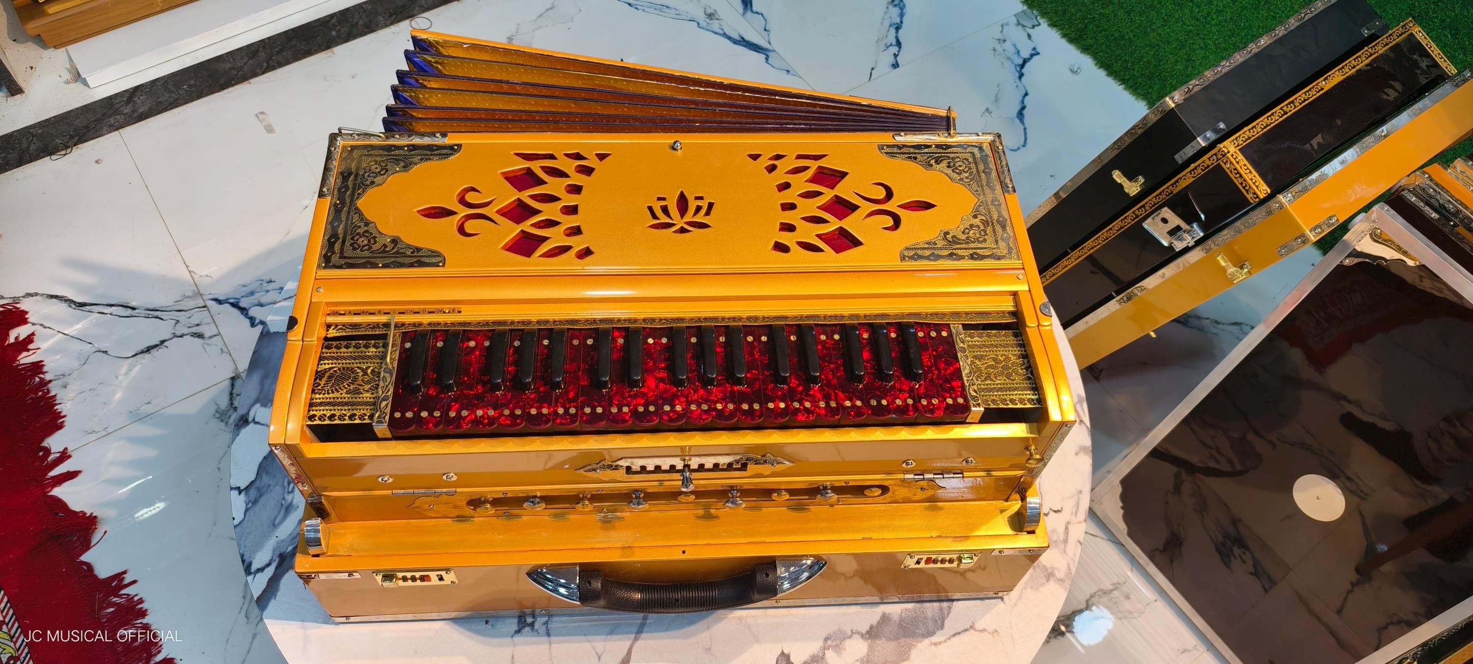 Scale changer harmonium 3line 9scale metalic golden with entic red key ...
