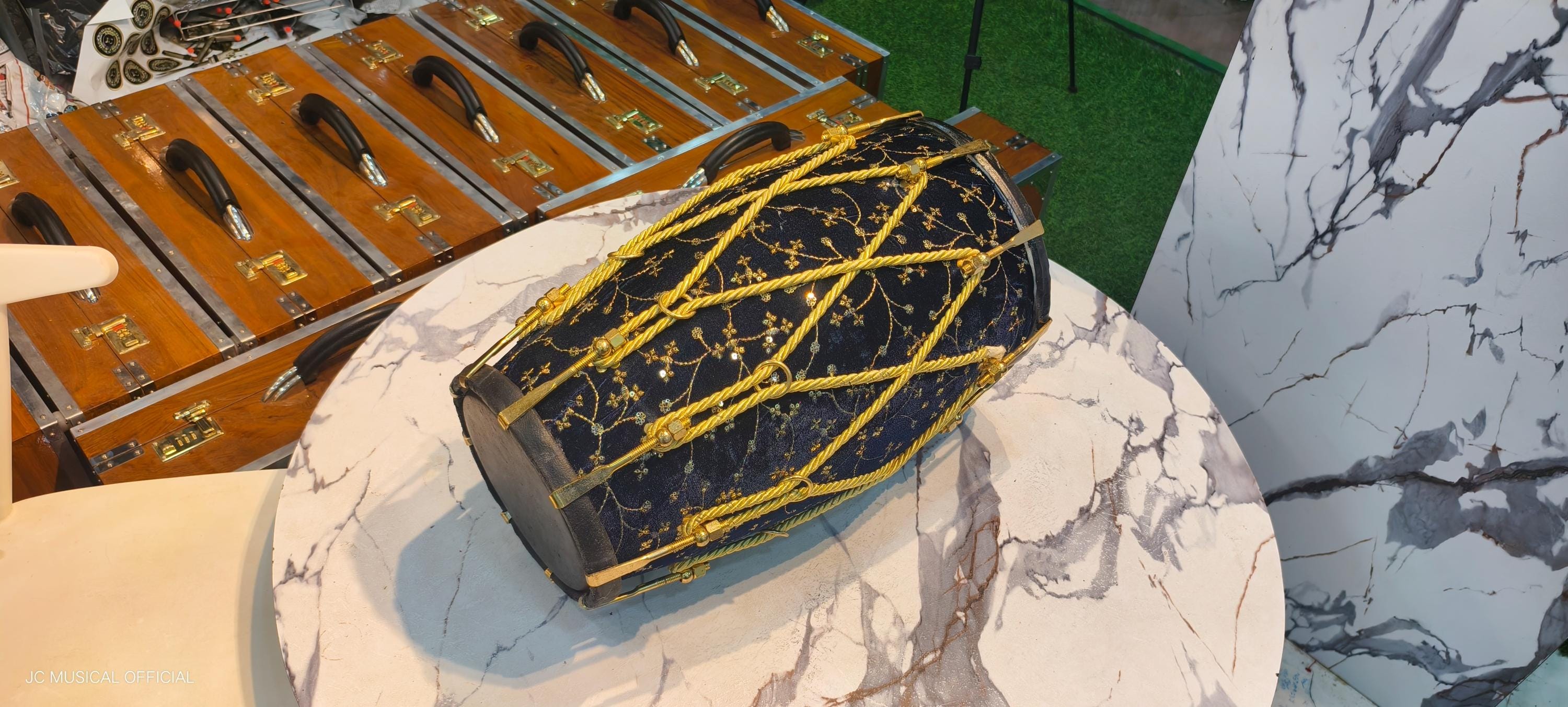 Sheesham Wood professional Dholak: Navy Blue Velvet jari work. nut bol ...
